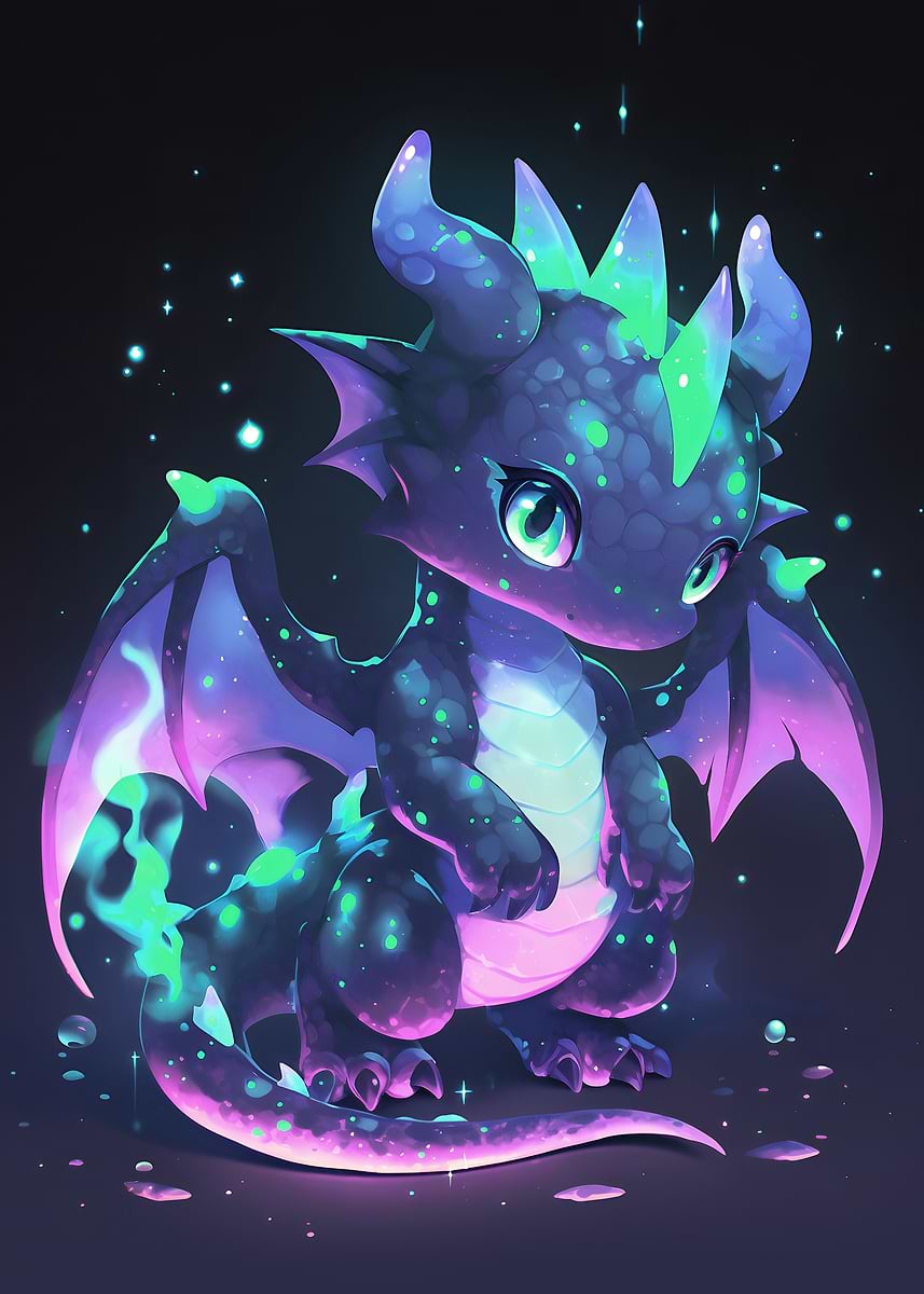 'Cute Neon Dragon Illustration' Poster, picture, metal print, paint by ...