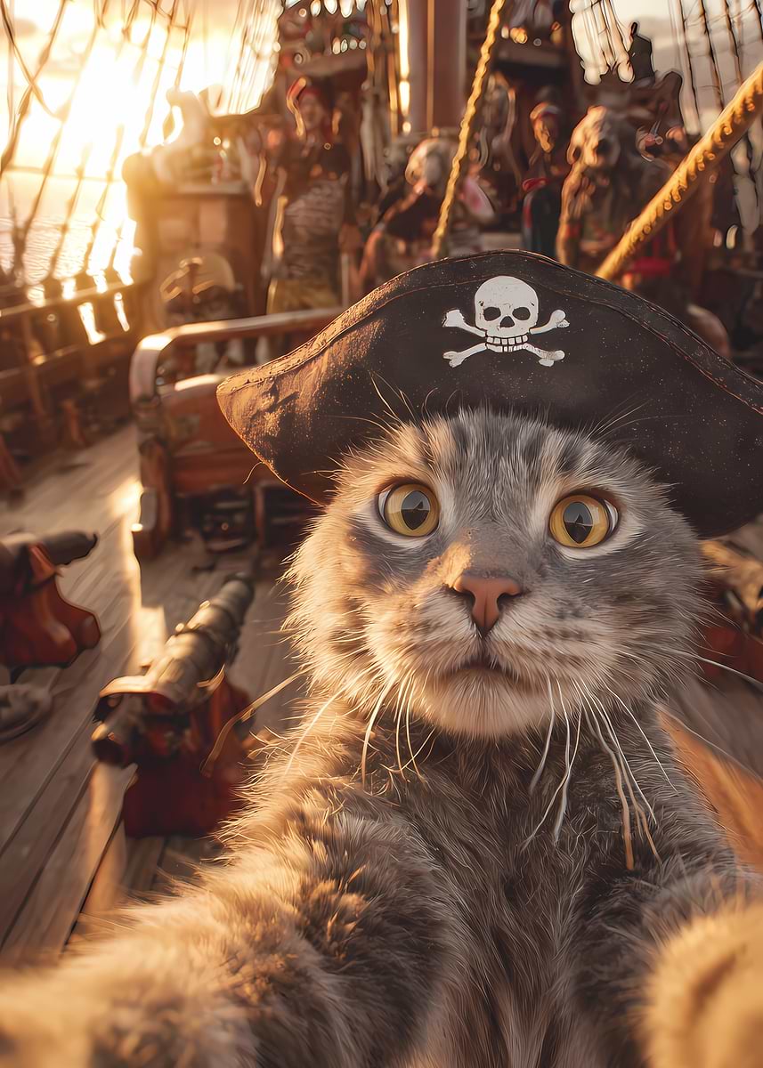 'Pirate Cat Selfie' Poster, picture, metal print, paint by Elena | Displate