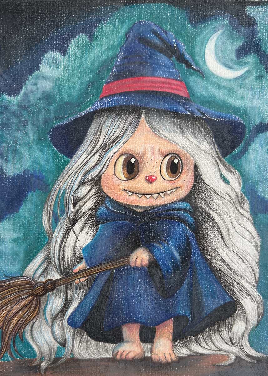 'Cute Labubu Witch with Broom Illustration' Poster, picture, metal ...