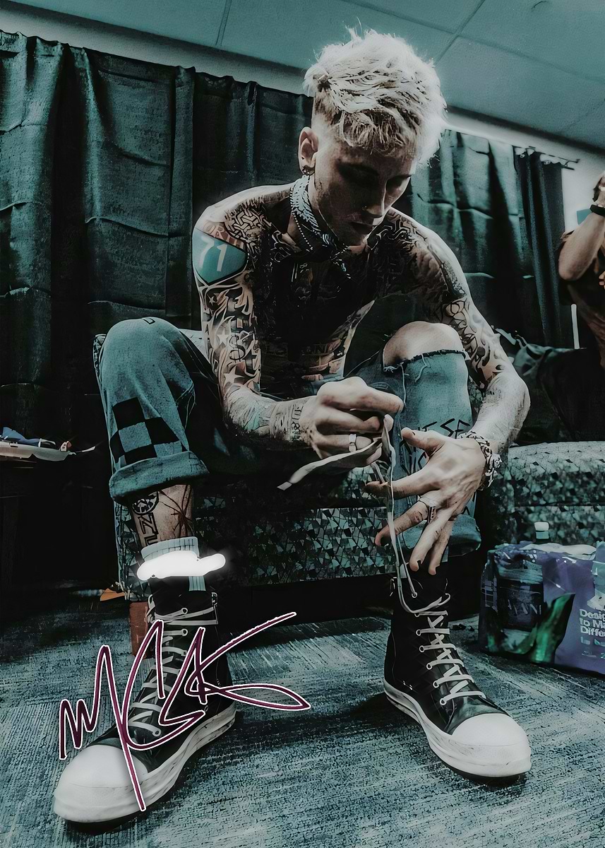 'Machine Gun Kelly tying his shoes' Poster, picture, metal print, paint ...