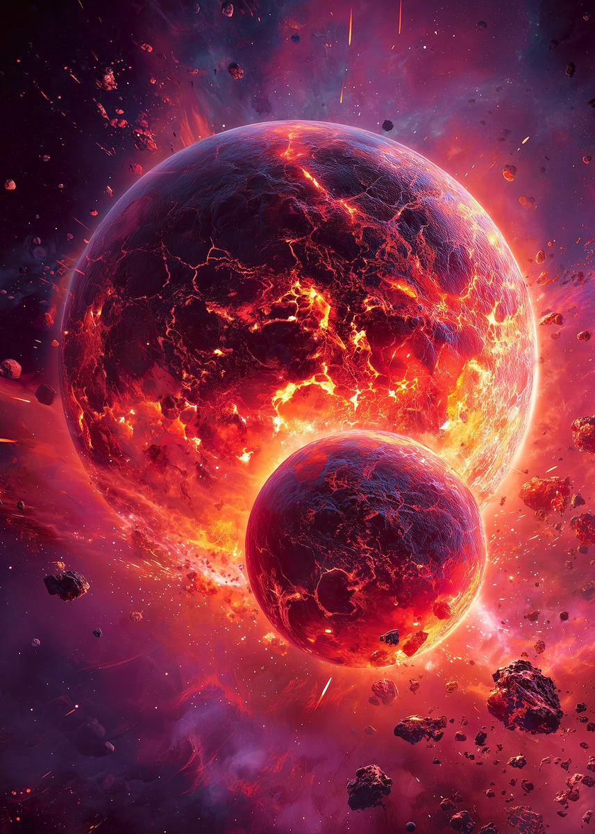 'Molten Planet Collision Amid Fiery Cosmic Debris' Poster, picture ...