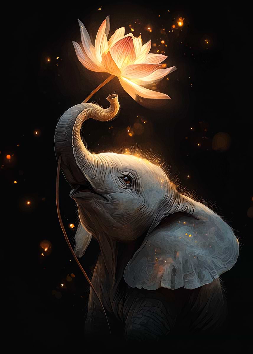 'Elephant and Lotus Flower' Poster, picture, metal print, paint by Raya ...