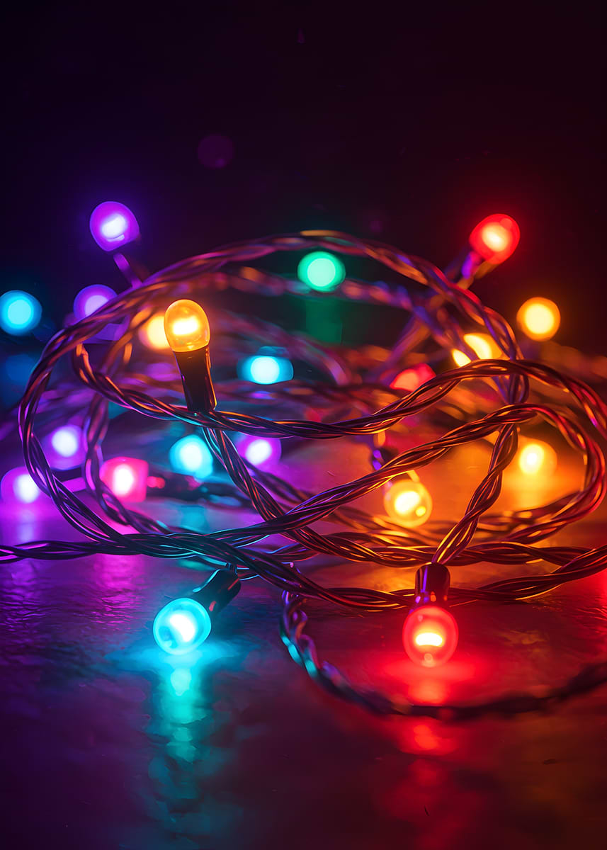 'Colorful String Lights on Dark Surface' Poster, picture, metal print ...