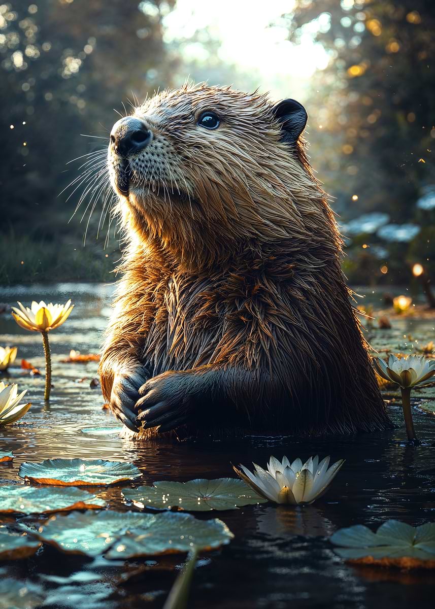'Beaver in Water Lily Pond' Poster, picture, metal print, paint by ...