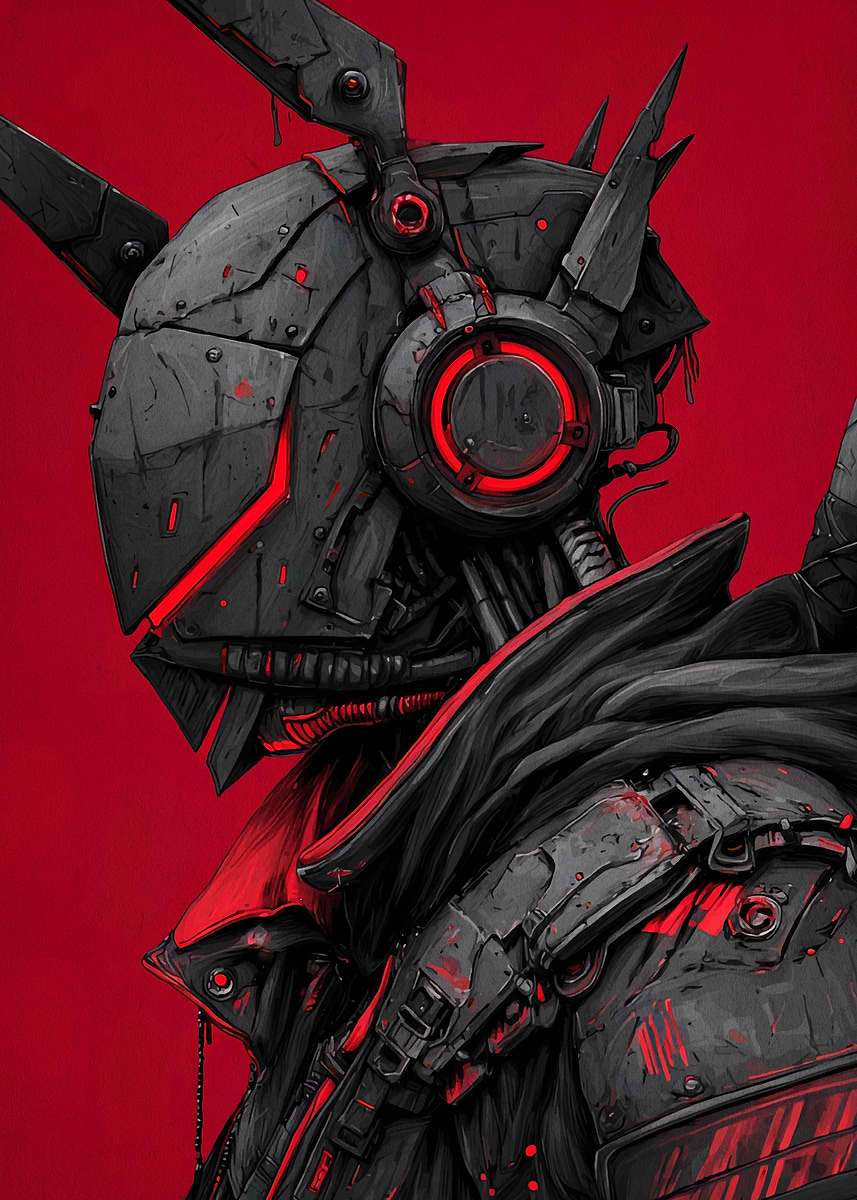 'Cyberpunk Robot Warrior with Red Accents' Poster, picture, metal print ...