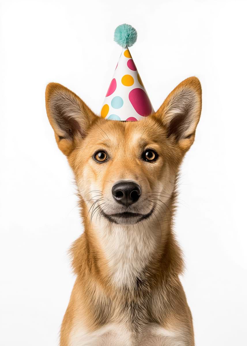 'Dingo with Birthday Hat Portrait' Poster, picture, metal print, paint ...