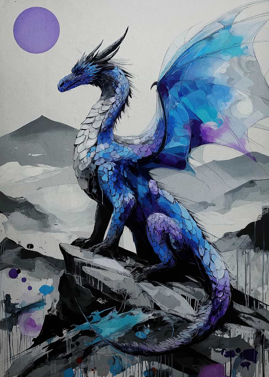 'Blue Dragon on Mountain Peak' Poster, picture, metal print, paint by ...