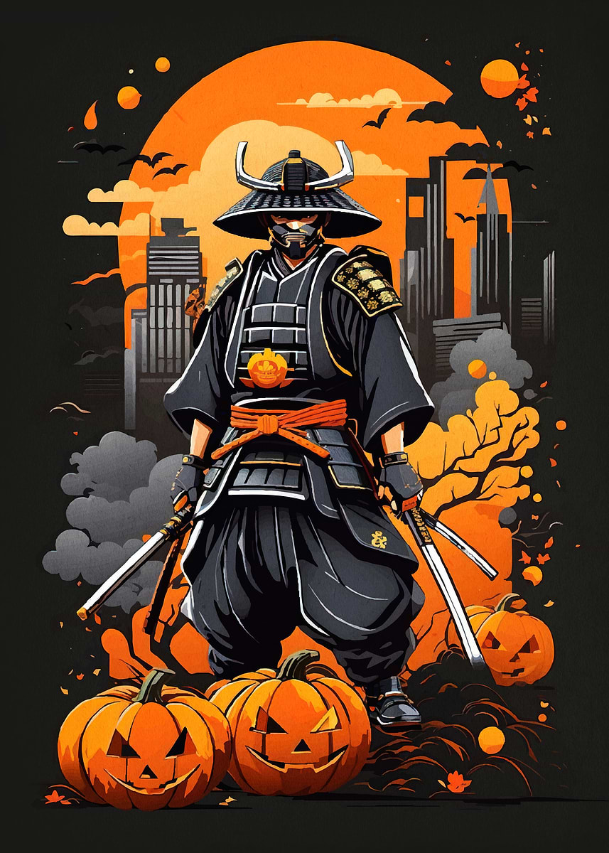 'Halloween Samurai Pumpkins ' Poster, picture, metal print, paint by Plummer Roan | Displate