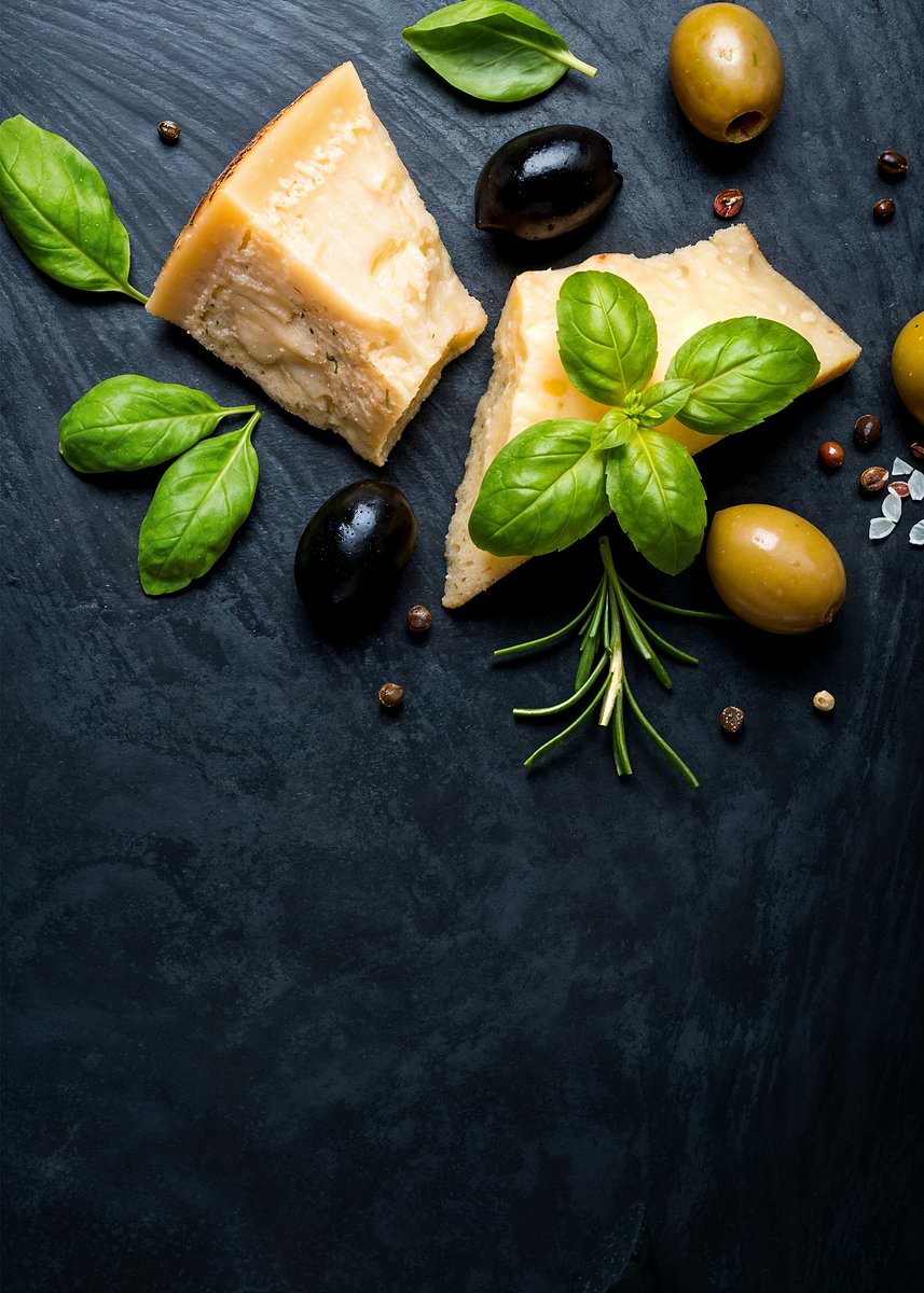 'Parmesan cheese with olives and basil' Poster, picture, metal print ...