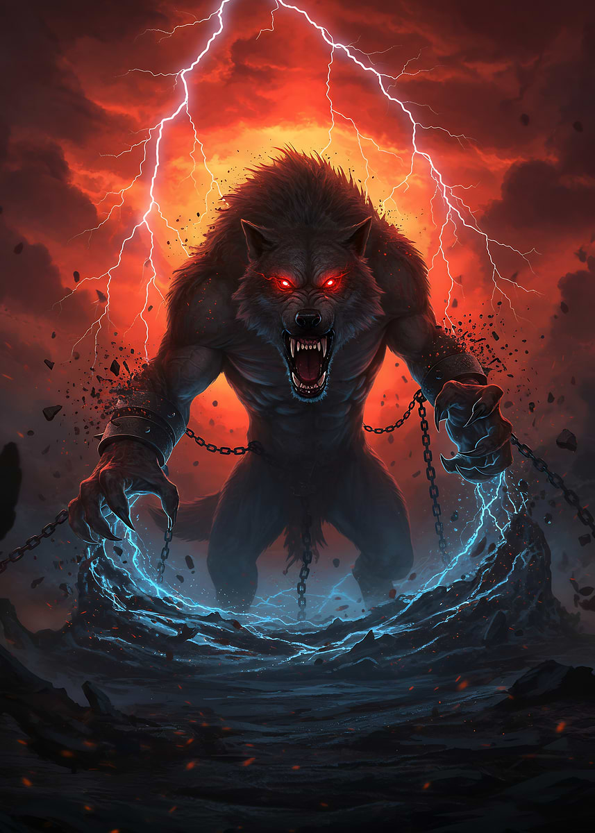'A werewolf with red eyes breaking chains amidst a stormy fiery sky ...