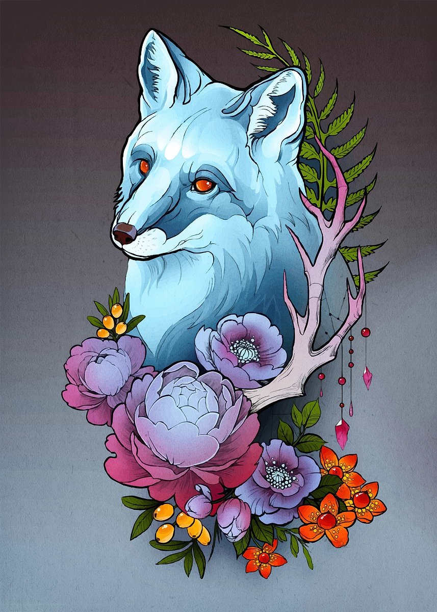 'Fox Floral Antler Arrangement' Poster, picture, metal print, paint by ...
