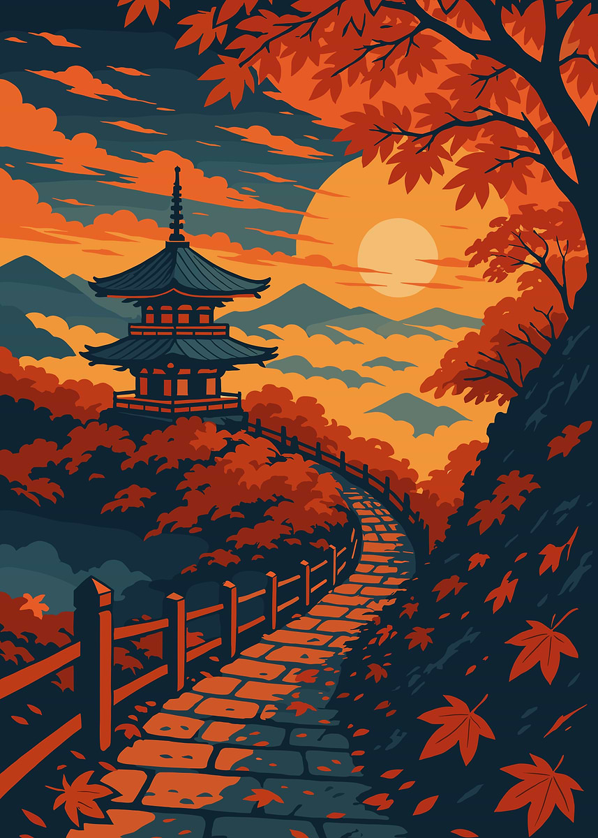 'Japanese Pagoda in Autumn Landscape' Poster, picture, metal print ...