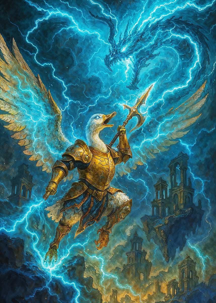 'Winged Goose Warrior vs Lightning Dragon' Poster, picture, metal print ...