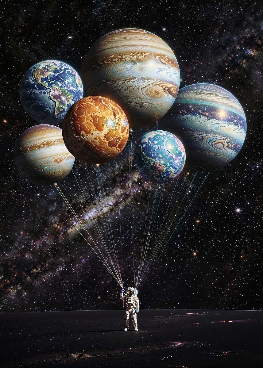 'Astronaut Holding Planet Balloons in Space' Poster, picture, metal ...