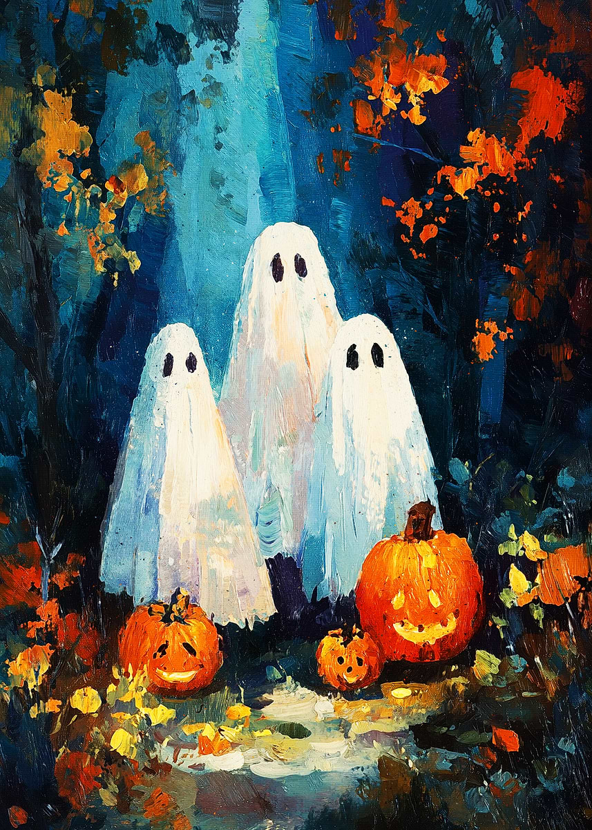 'Halloween Ghosts and Pumpkins Painting' Poster, picture, metal print ...