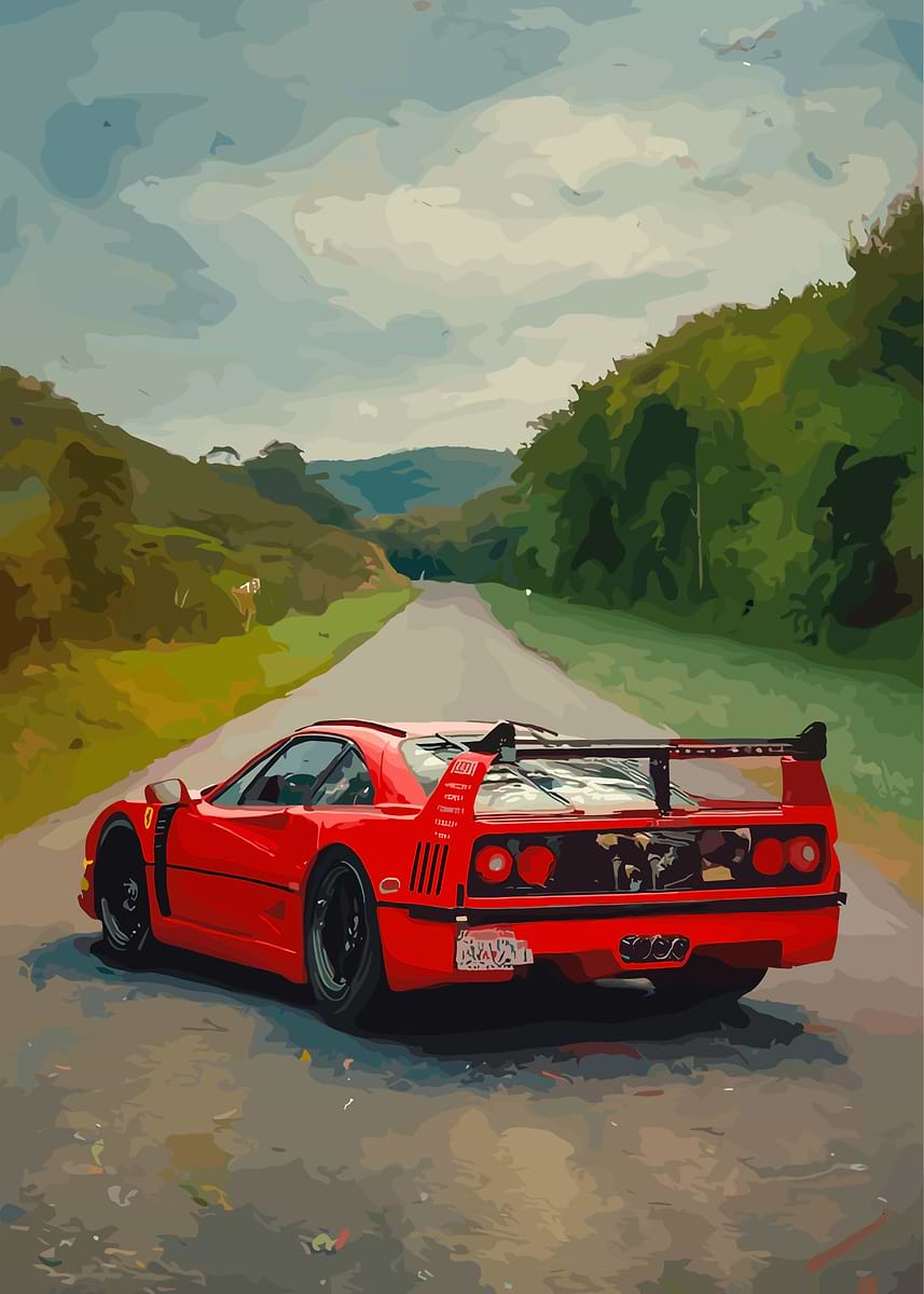 'Red Ferrari F40 on Country Road' Poster, picture, metal print, paint ...