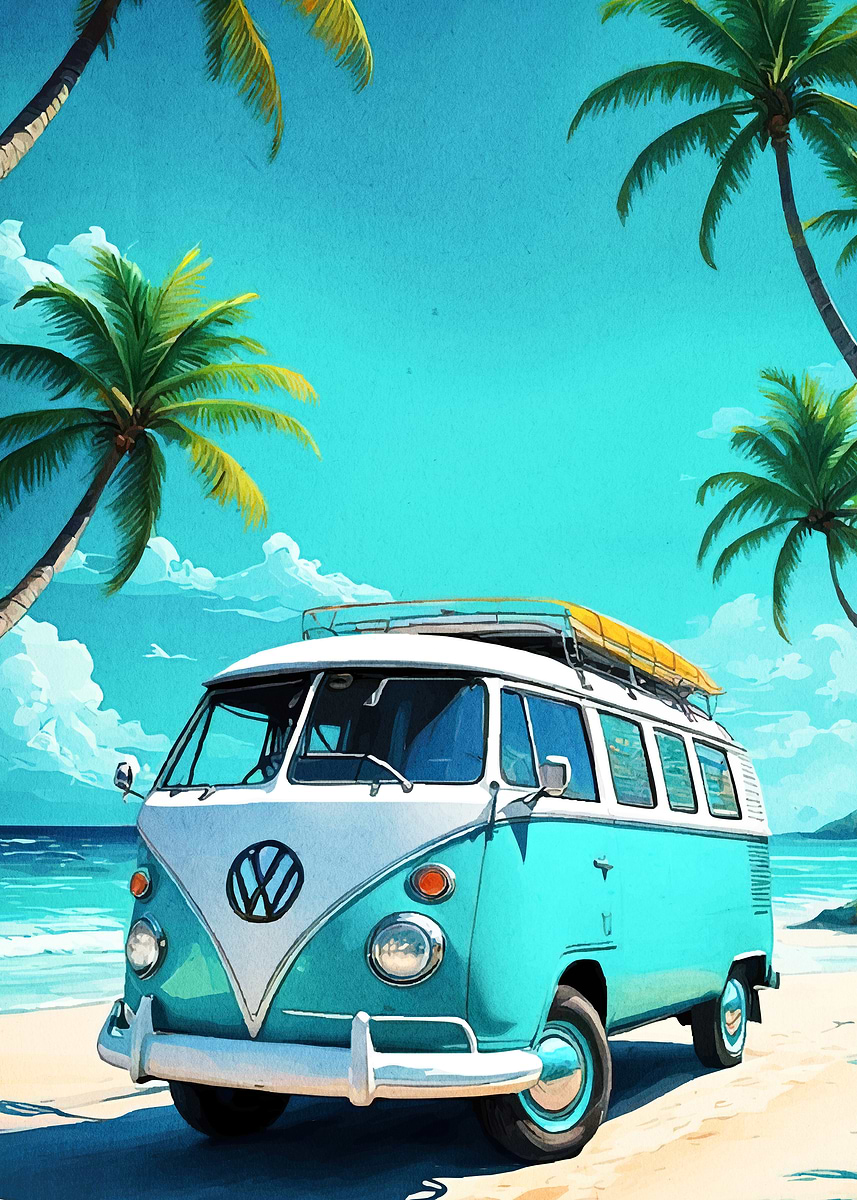 ' VW Bus Tropical Beach' Poster, picture, metal print, paint by Montes ...