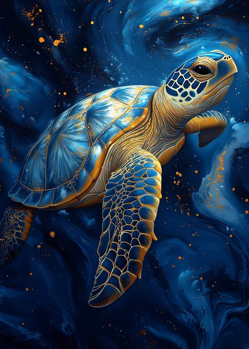 'Elegant Blue and Gold Sea Turtle' Poster, picture, metal print, paint ...
