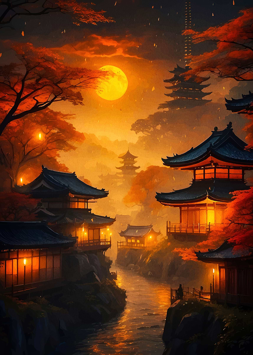 'Japanese Sunset Landscape' Poster, picture, metal print, paint by ...