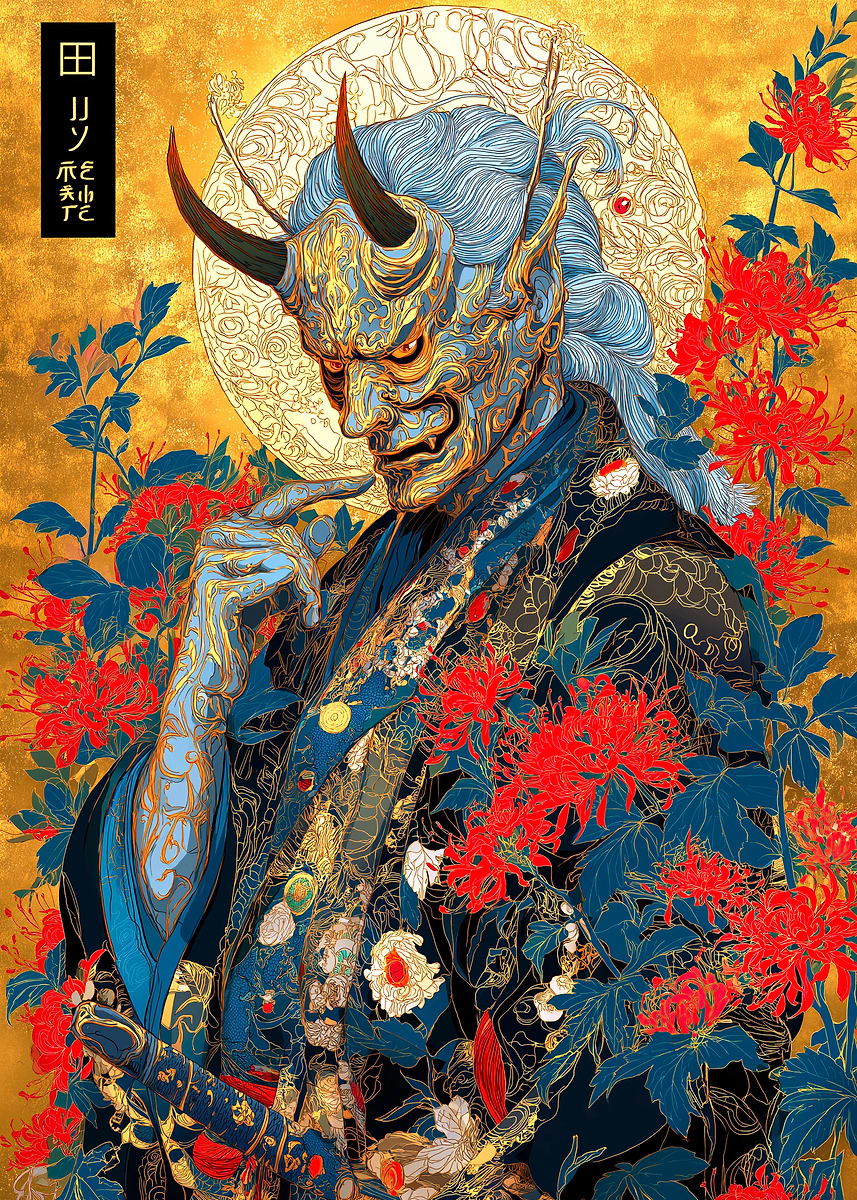 'Japanese Oni Demon with Flowers' Poster, picture, metal print, paint ...