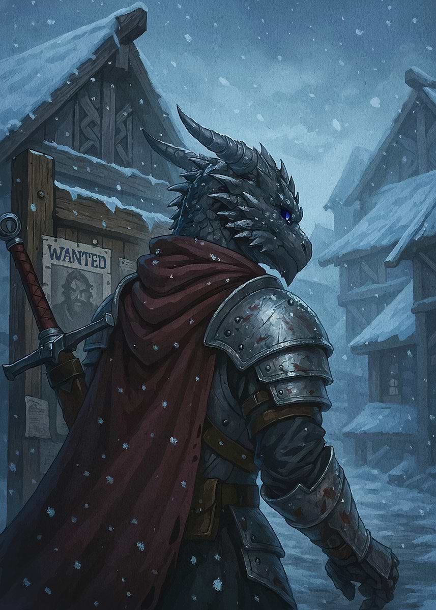 'Dragonborn Warrior Snowy Village' Poster, picture, metal print, paint ...