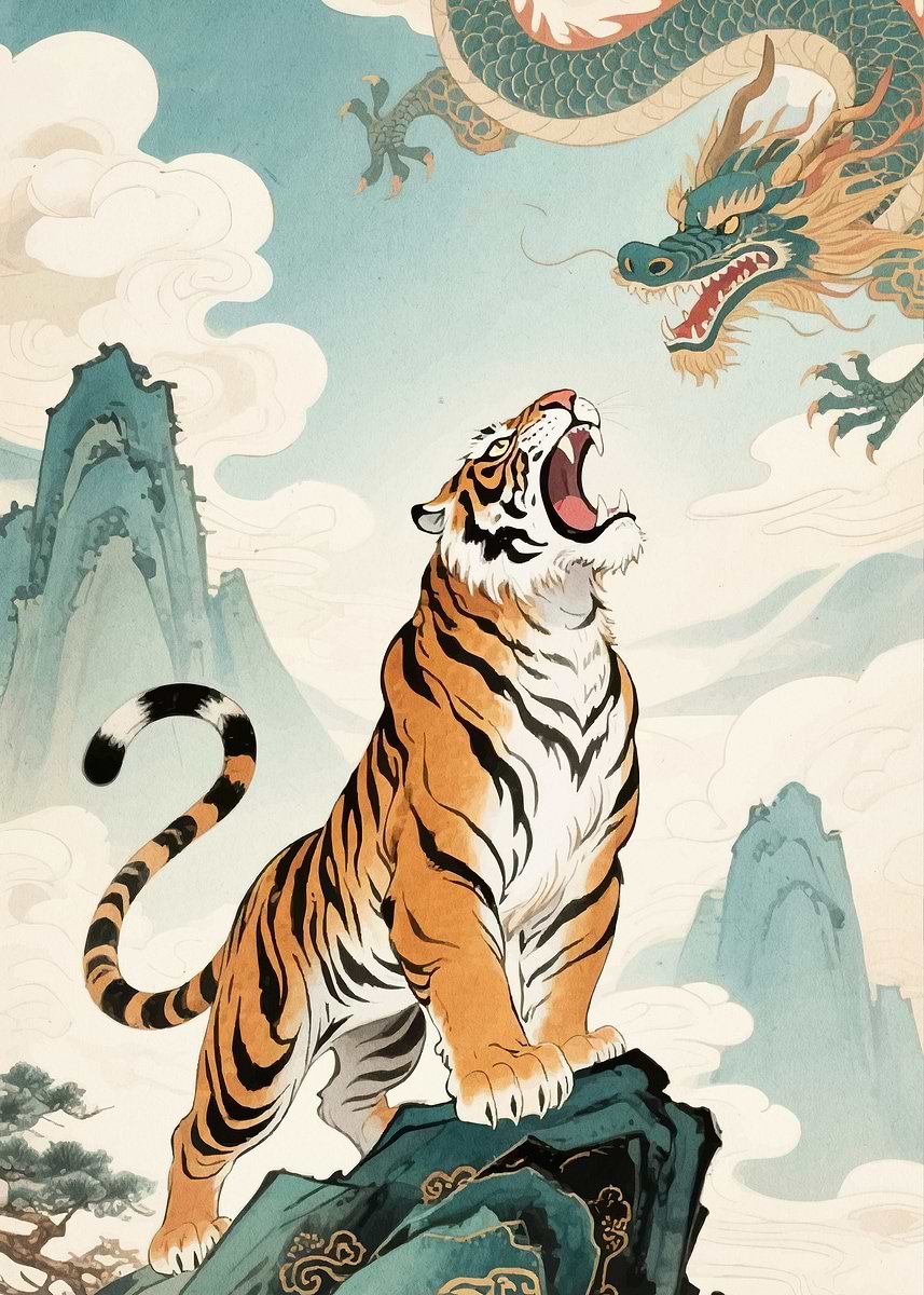 'Tiger Dragon Asian Landscape' Poster, picture, metal print, paint by ...