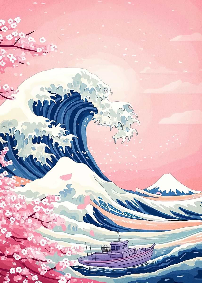 'Great Wave Cherry Blossoms' Poster, picture, metal print, paint by ...