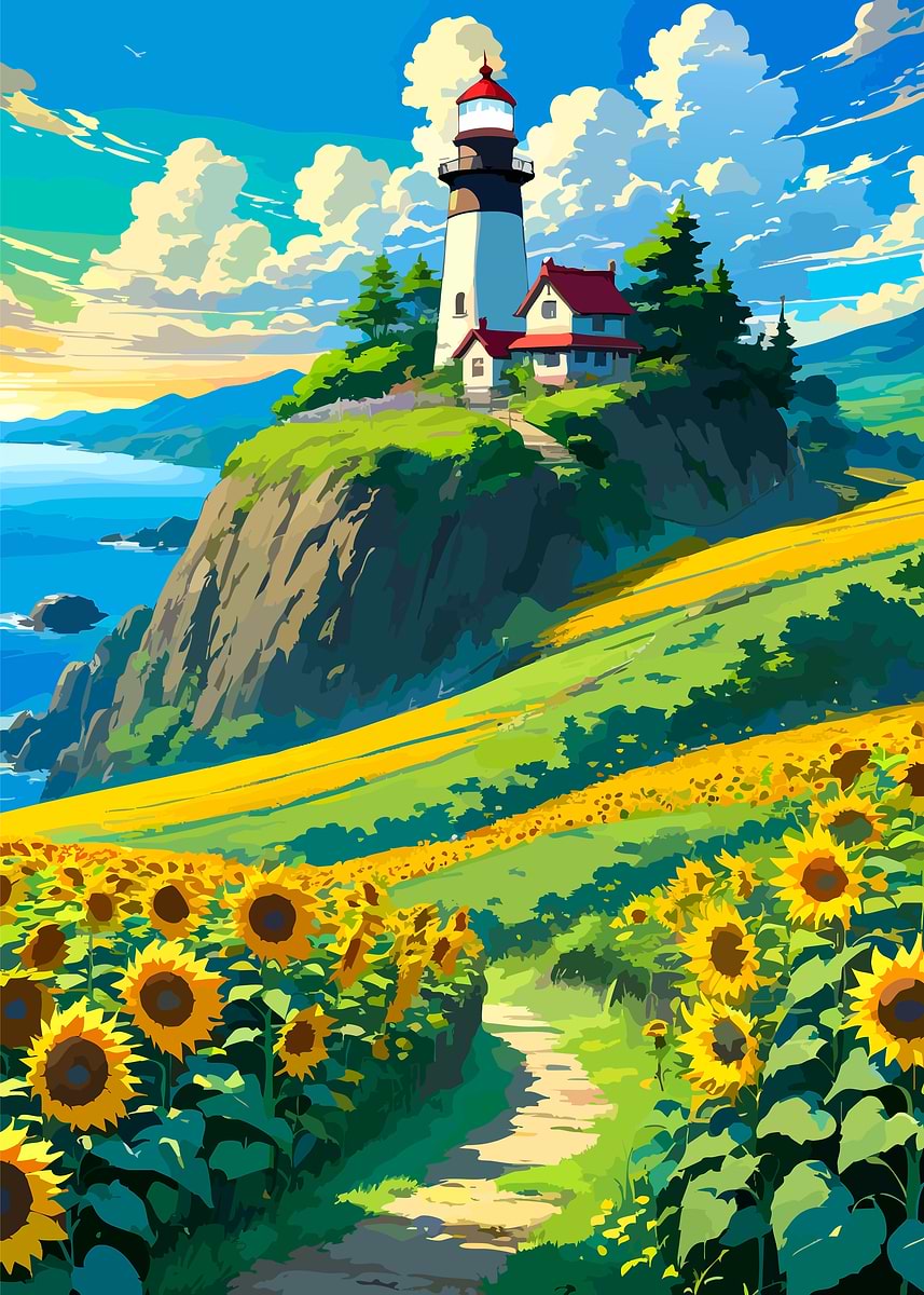 'Lighthouse and Sunflower Field Landscape' Poster, picture, metal print ...