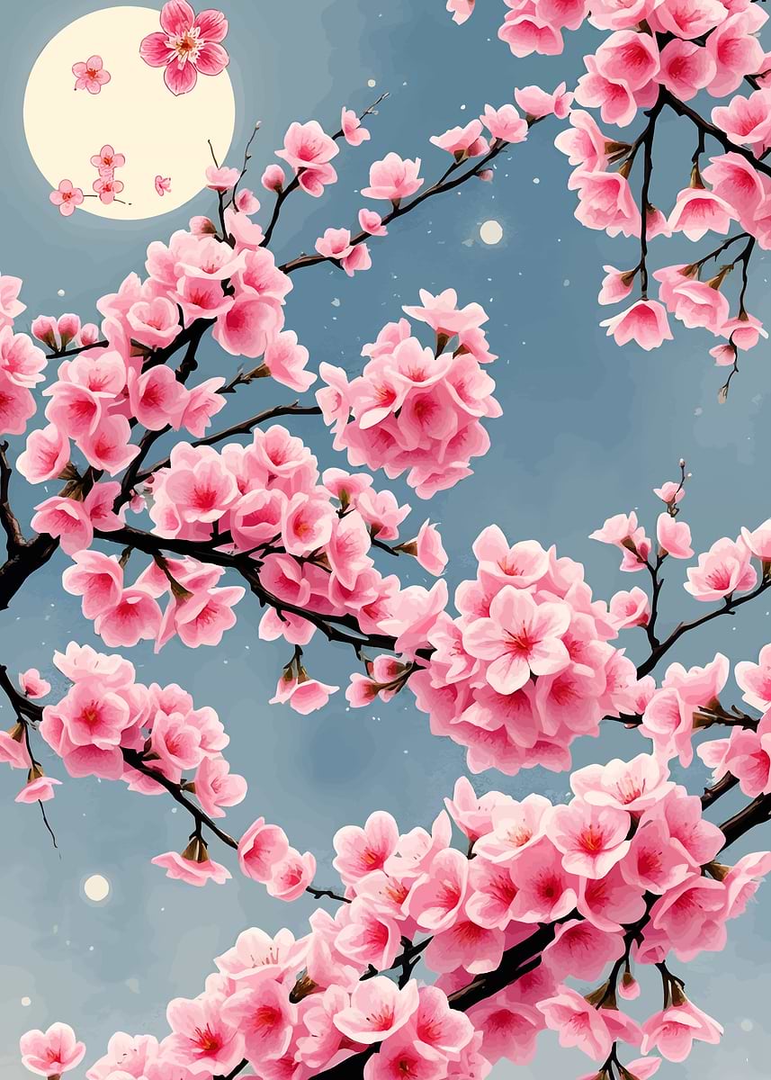 'Pink Cherry Blossoms with Moon' Poster, picture, metal print, paint by ...