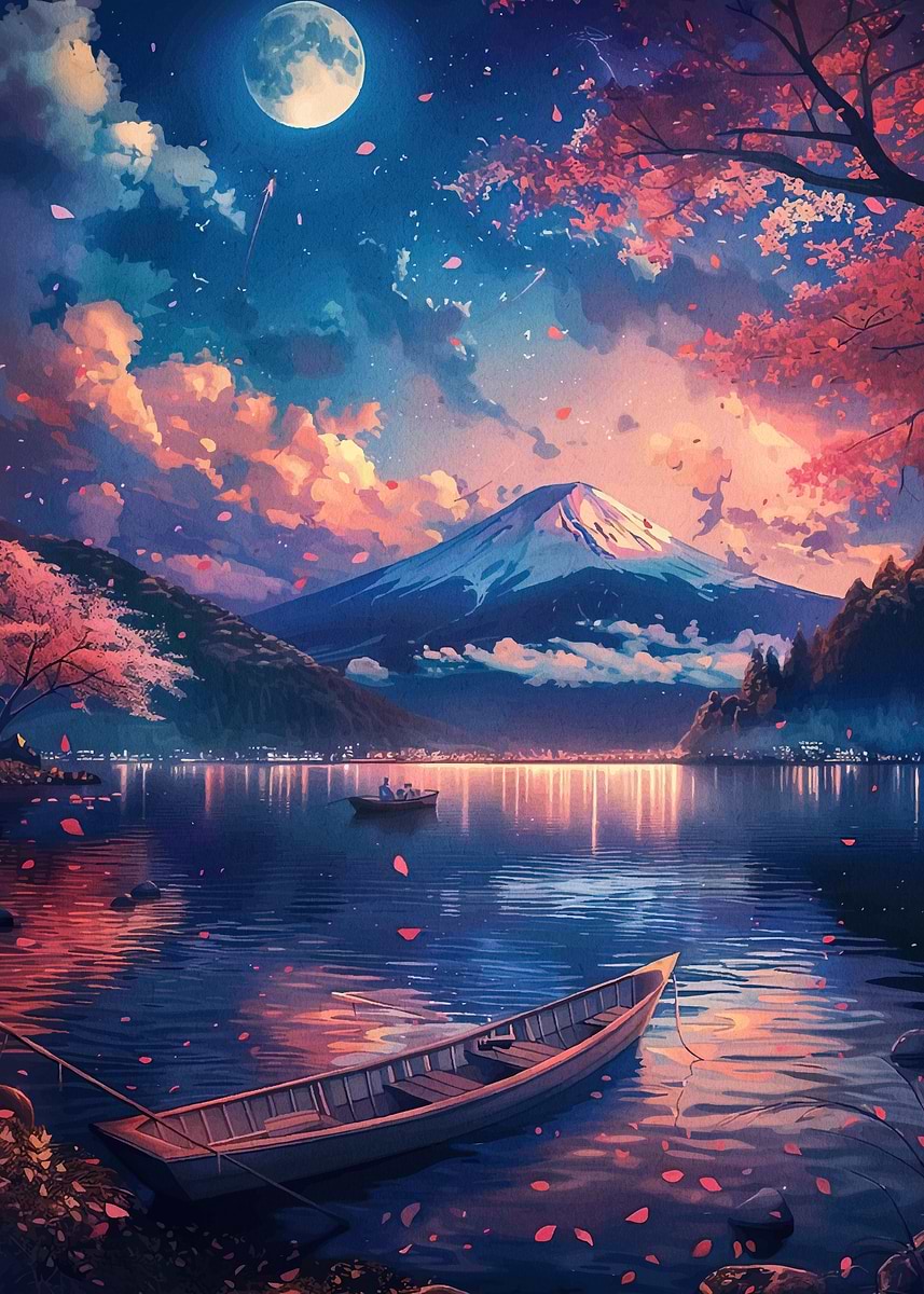 'Mount Fuji Boat Night Scene' Poster, picture, metal print, paint by ...