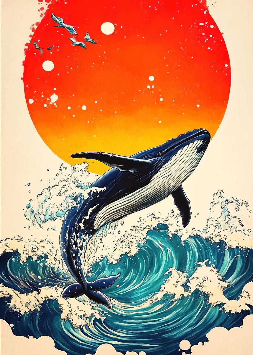 'Whale ocean waves sunset' Poster, picture, metal print, paint by ...
