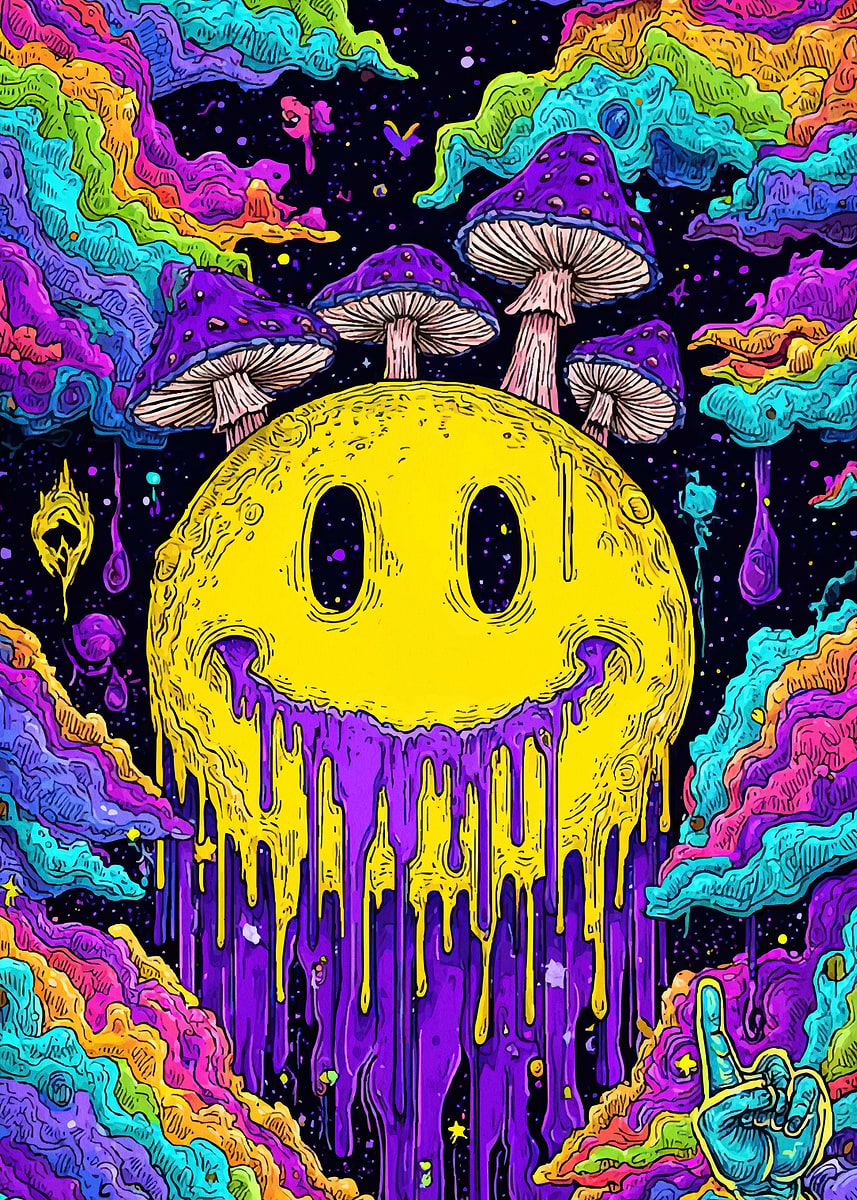 'Psychedelic Smiley Face Mushrooms' Poster, picture, metal print, paint ...