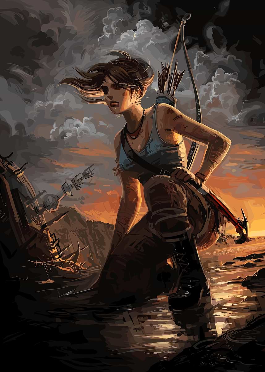 'Lara Croft in a perilous landscape' Poster, picture, metal print ...