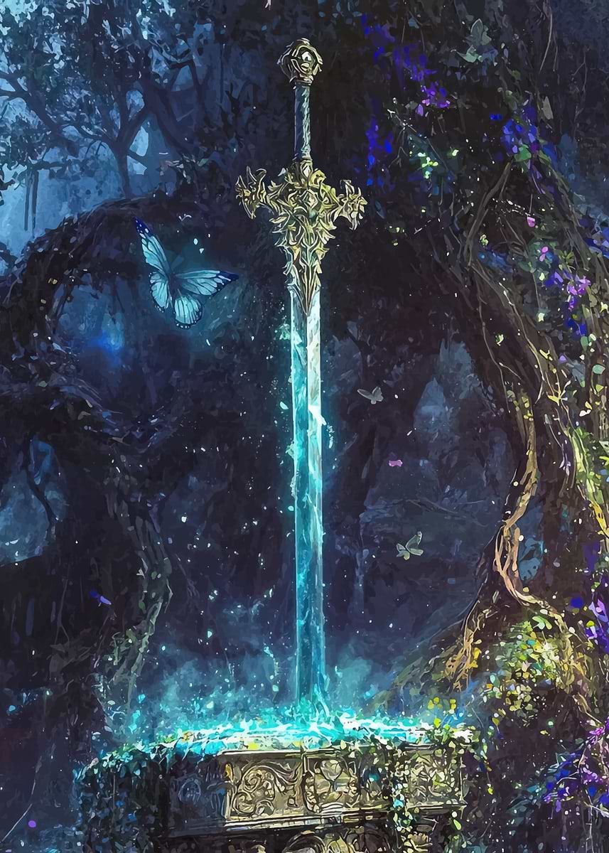 'Enchanted Sword in Forest Clearing' Poster, picture, metal print ...