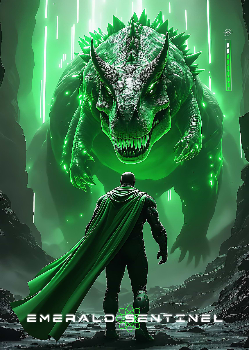 'Emerald Sentinel vs. Giant Dinosaur' Poster, picture, metal print ...