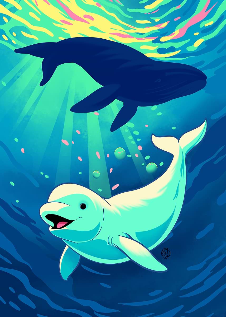 'Beluga & Whale, an ocean light dance' Poster, picture, metal print ...