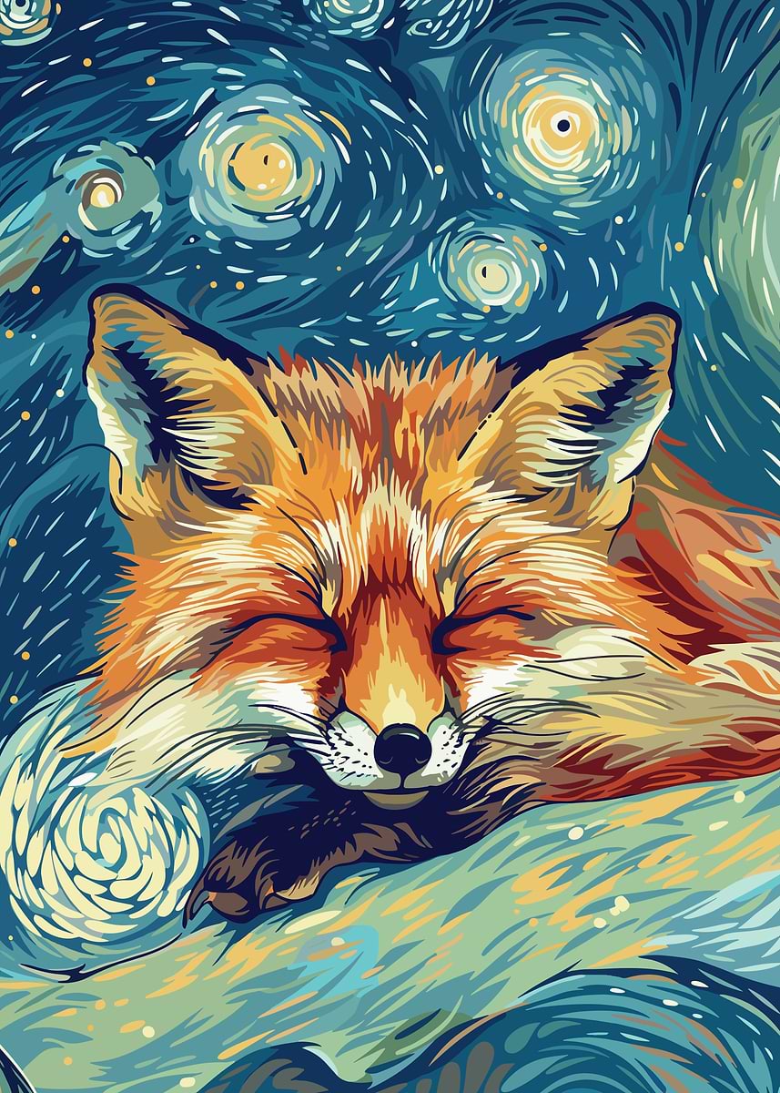 'Sleeping Fox Starry Night Art' Poster, picture, metal print, paint by ...