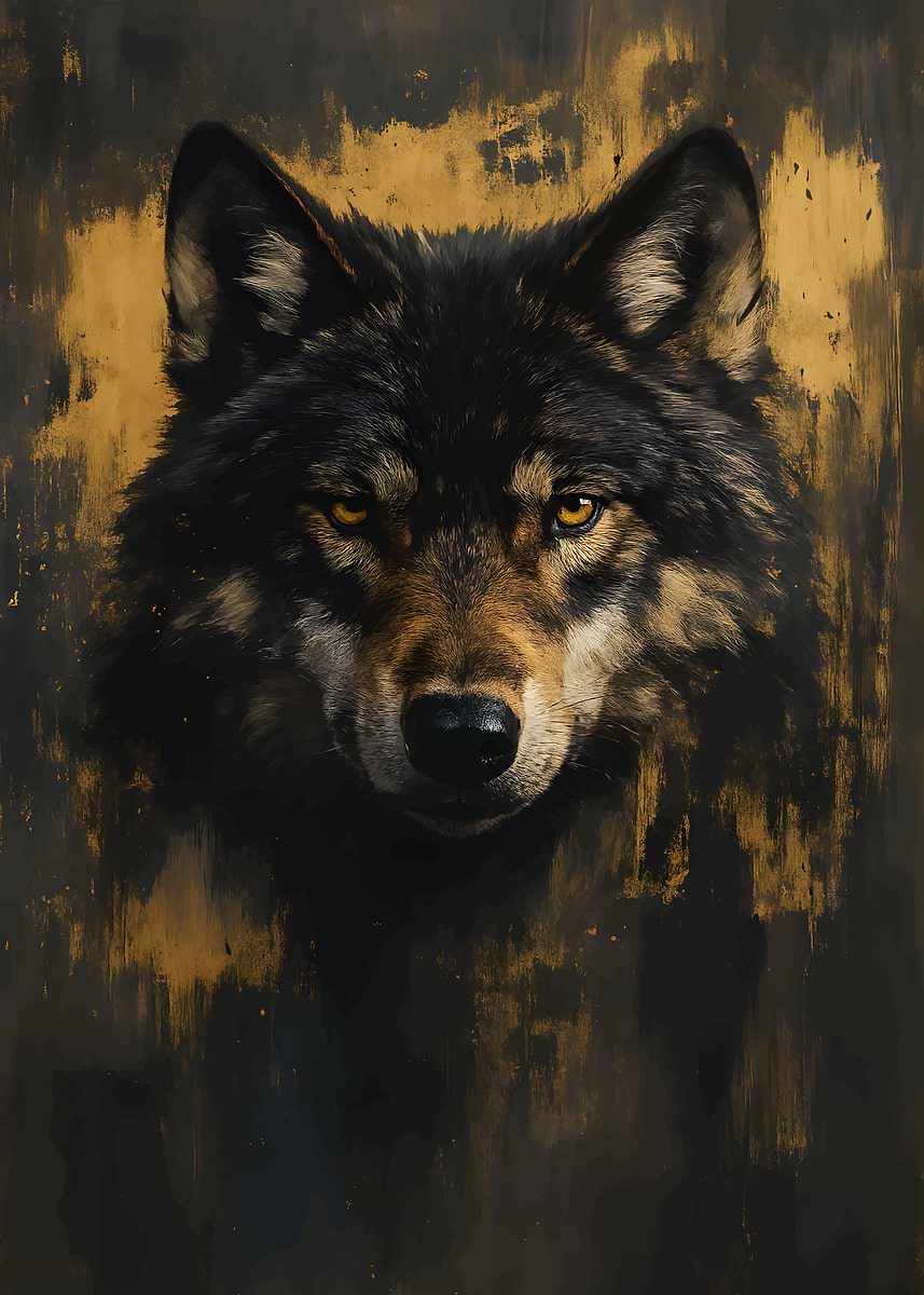 'Wolf Portrait with Golden Accents' Poster, picture, metal print, paint ...
