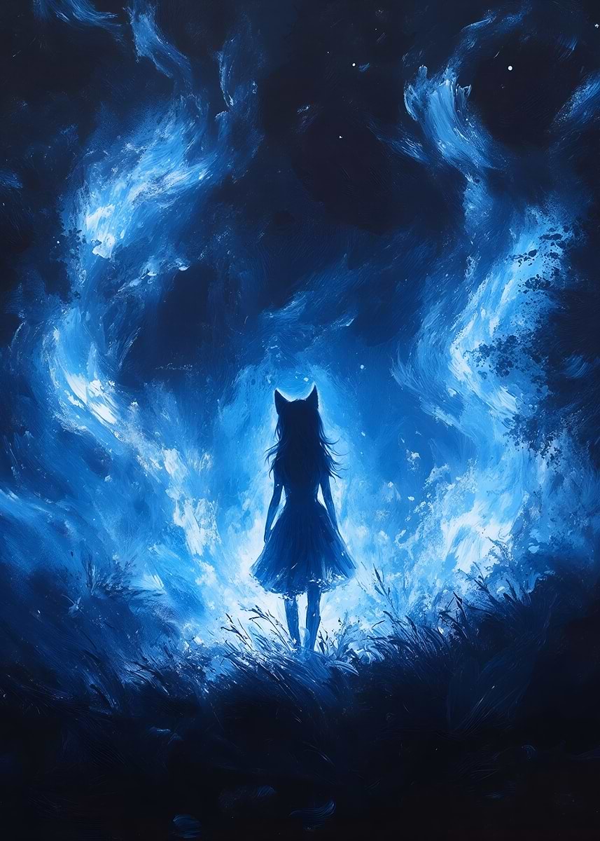 'Blue Cat Girl in Dreamy Landscape' Poster, picture, metal print, paint ...