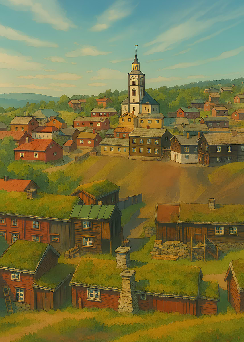 'Picturesque Village with Church Tower' Poster, picture, metal print ...