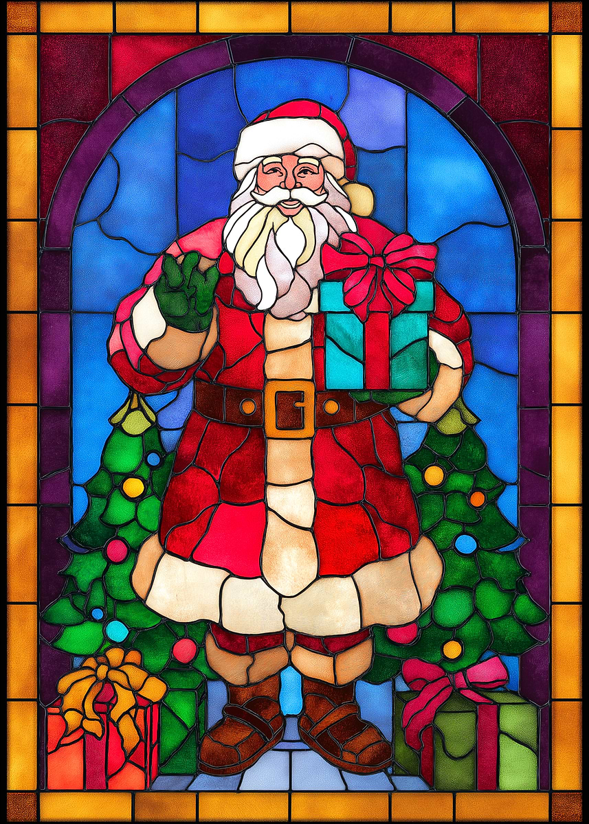 'Stained Glass Santa Claus with Gifts' Poster, picture, metal print ...
