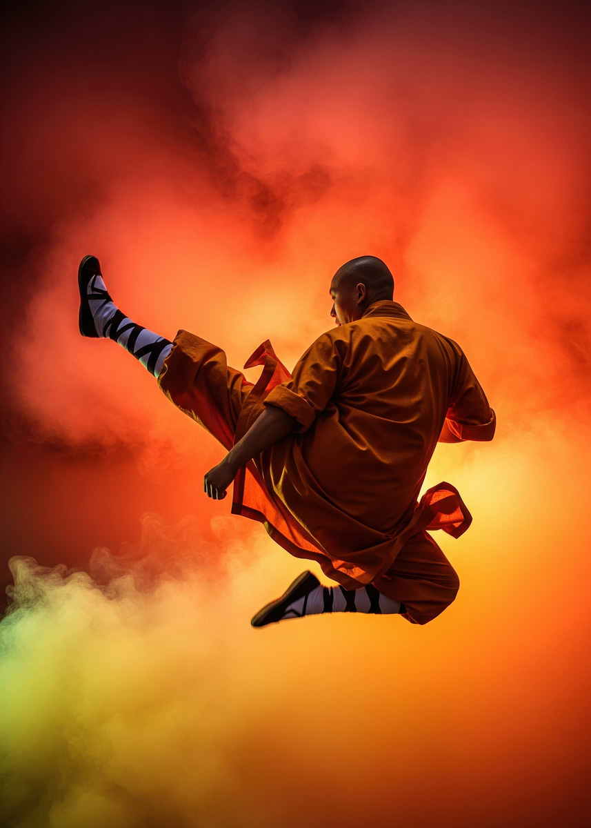'Shaolin Monk Mid-Air Kick' Poster, picture, metal print, paint by ...