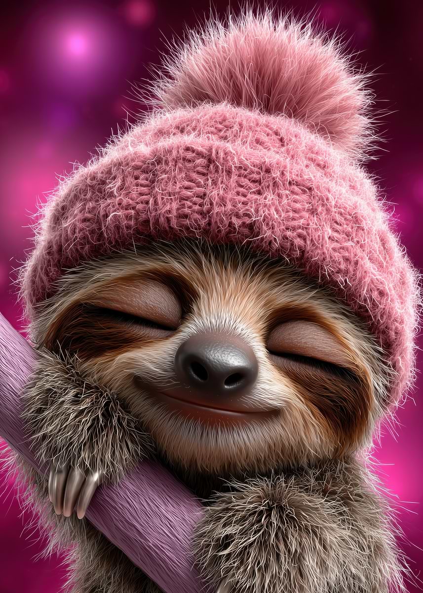 'Cute Sloth with Pink Hat' Poster, picture, metal print, paint by ...
