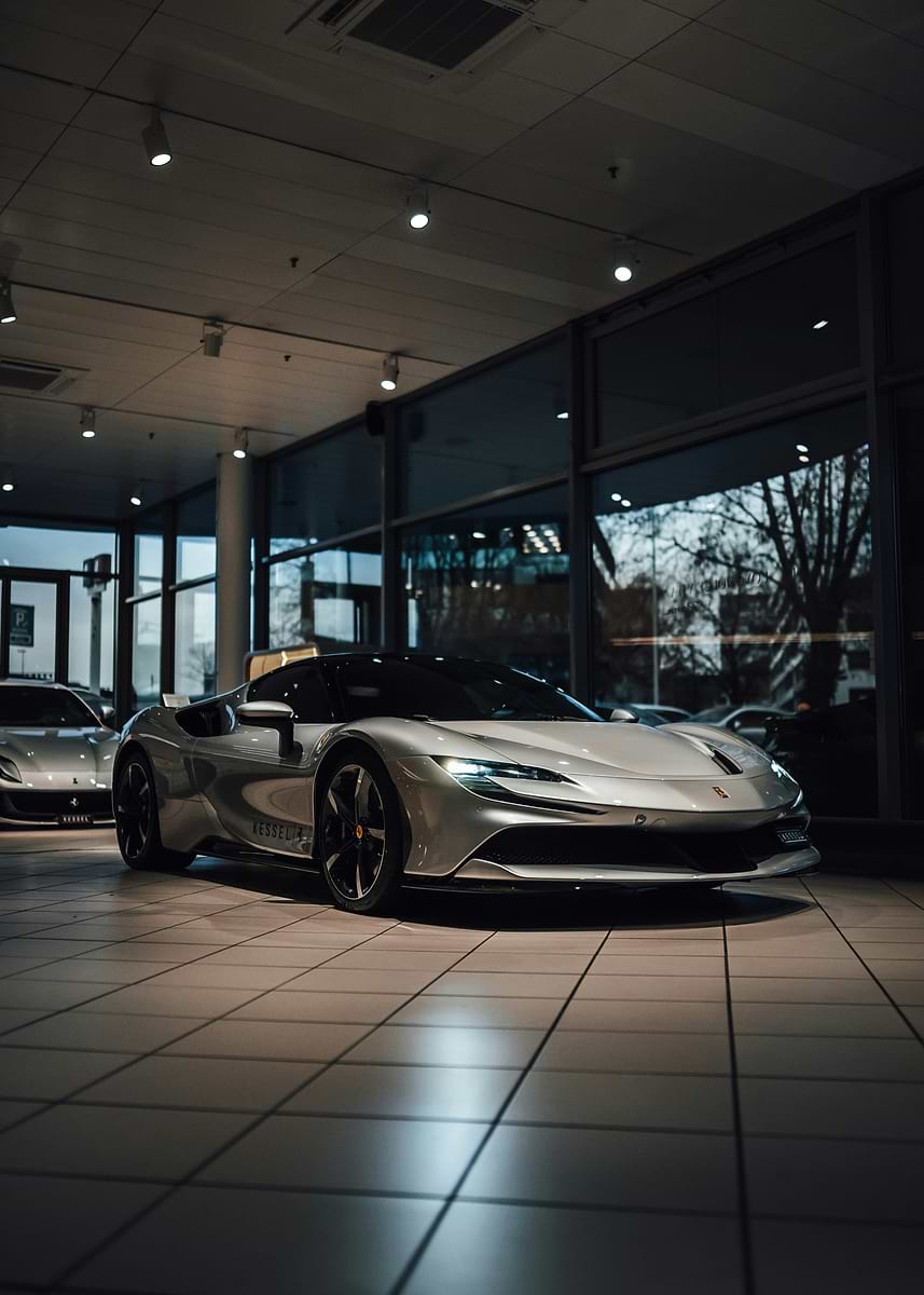 'Silver Ferrari SF90 Stradale in Showroom' Poster, picture, metal print ...