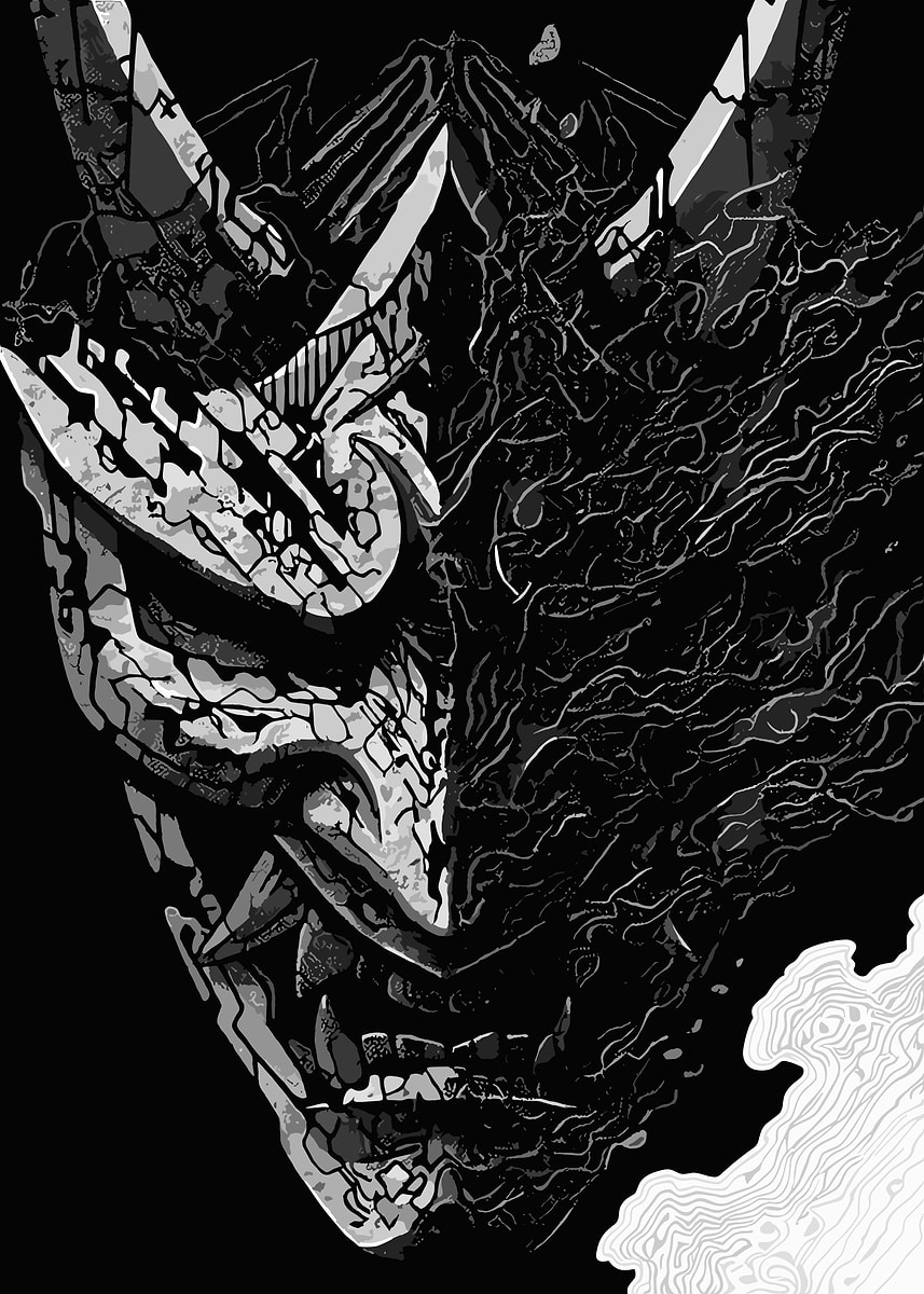 'Monochrome Oni Mask Digital Art' Poster, picture, metal print, paint ...