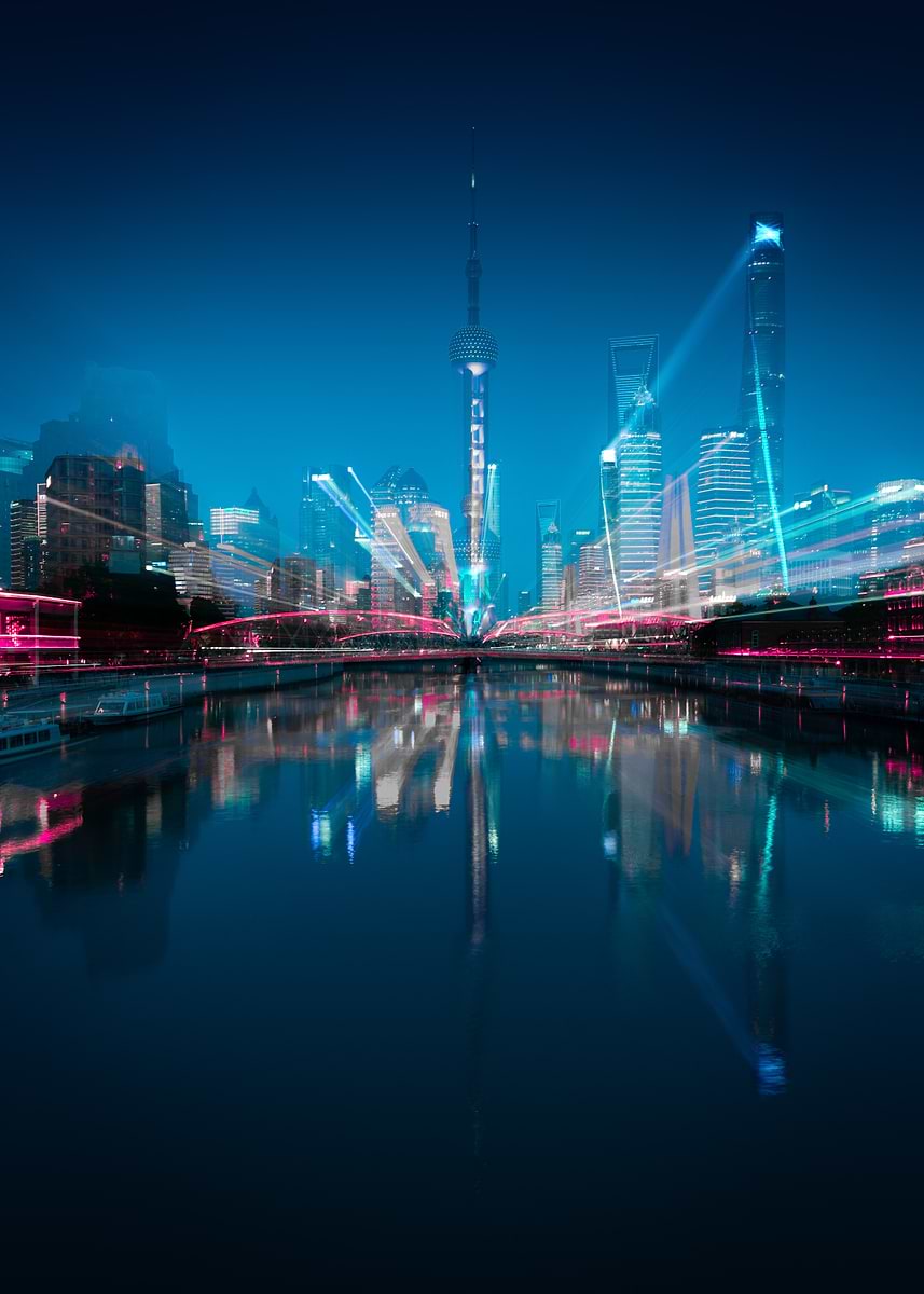 'Shanghai Skyline at Night Zoom Effect' Poster, picture, metal print ...