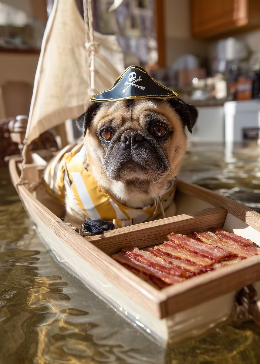 'Pug Pirate Sailing with Bacon' Poster, picture, metal print, paint by ...