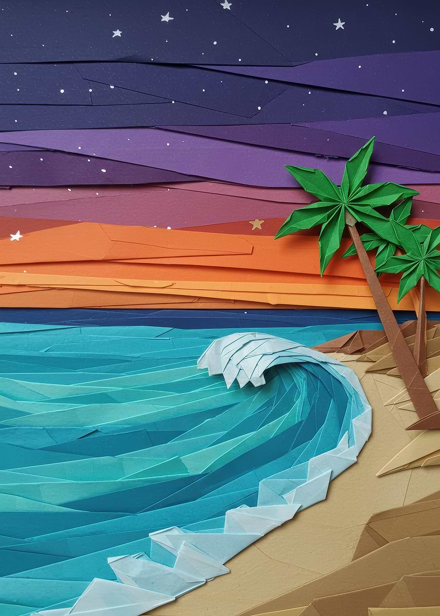 'Origami Beach Scene at Sunset' Poster, picture, metal print, paint by ...