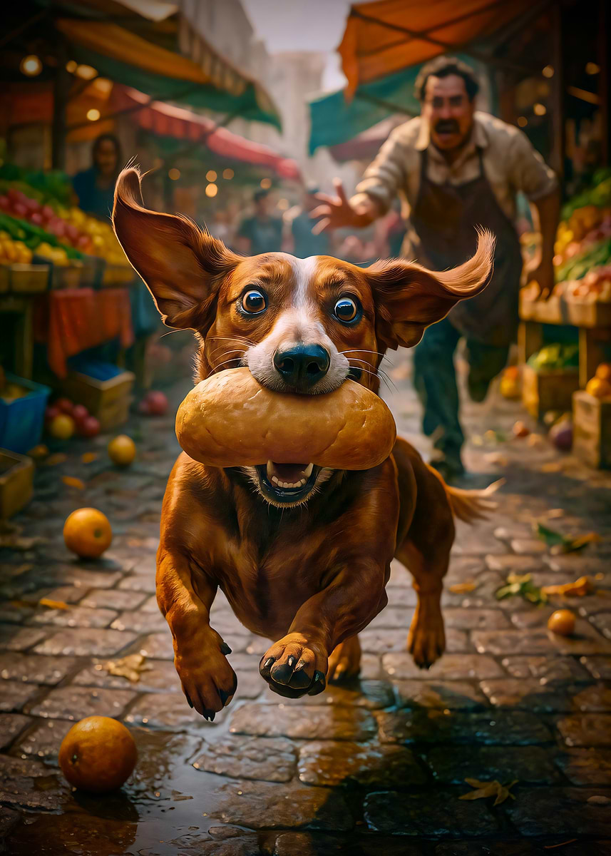 'Dog steals bread at the market' Poster, picture, metal print, paint by ...