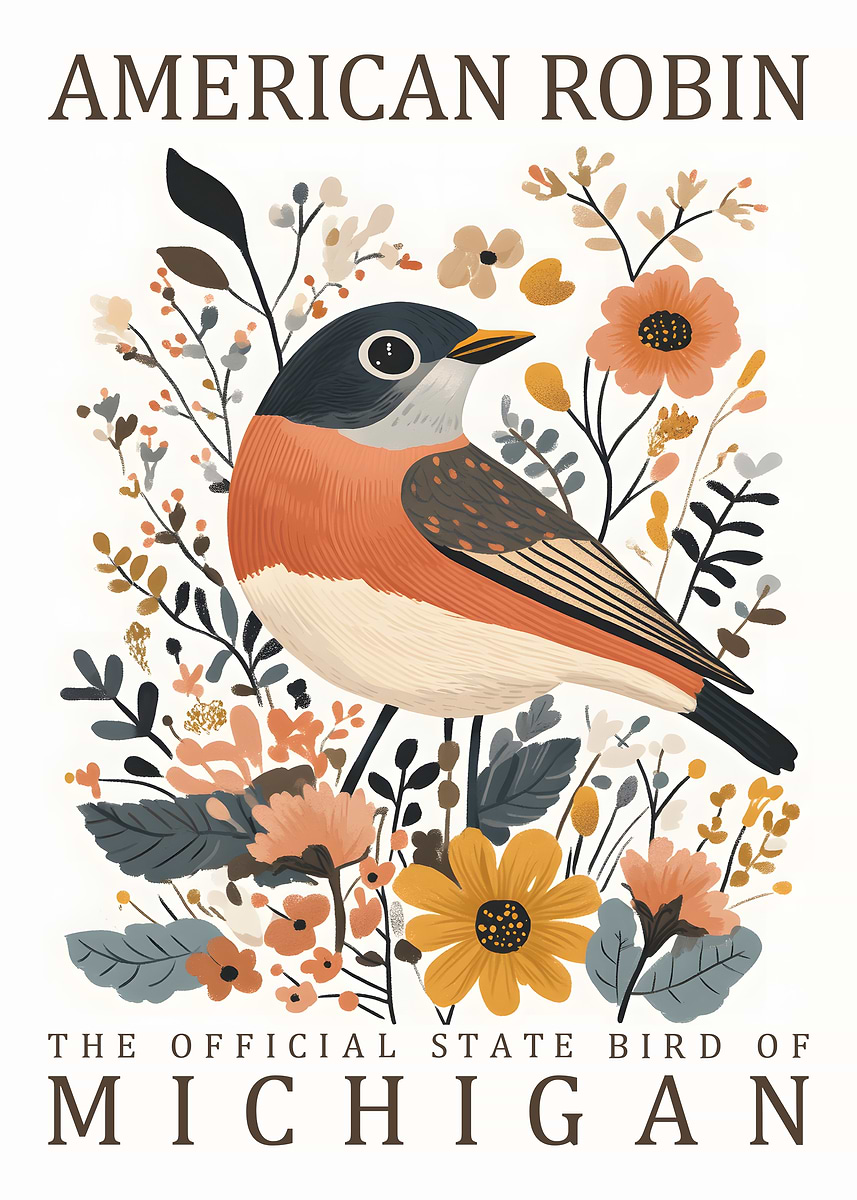 'American Robin, Michigan State Bird Art' Poster, picture, metal print ...